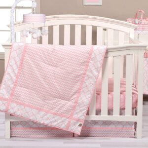 trend lab pinky sky 3 piece crib bedding set, can be used as a blanket or a playmat for tummy time, includes quilt, fitted crib sheet and skirt