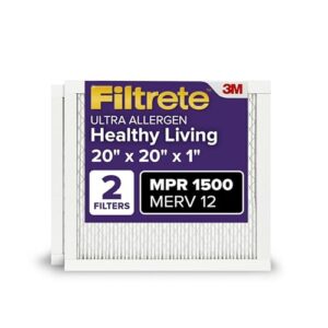 filtrete 20x20x1 ac furnace air filter, merv 12, mpr 1500, certified asthma & allergy friendly, 3 month pleated 1-inch electrostatic air cleaning filter, pack of 2 (actual size 19.69x19.69x0.78 in)