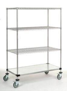 24" x 48" x 60" mobile shelving unit with an 800 lb capacity, 3 chrome wire shelves and 1 galvanized steel shelf