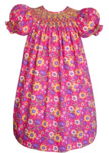 hand smocked baby girls bishop dress in hot pink floral fabric