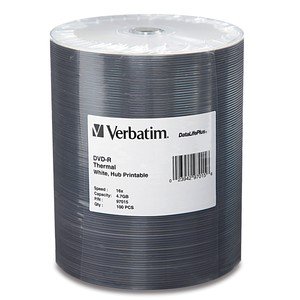 verbatim dvd-r, 97015, 4.7gb, 16x, datalifeplus white thermal, 100pk tape wrap [non - retail packaged]