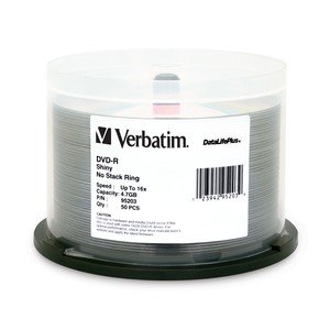 verbatim dvd-r, 95203, 4.7gb, 16x, datalifeplus shiny silver, 50pk spindle, taa [non - retail packaged]