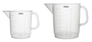 eisco 2pcs plastic pitcher set, 1000ml & 2000ml (1l & 2l) - short form, euro design - molded graduations - chemical resistant & autoclavable polypropylene - measuring jug