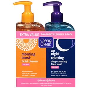 clean & clear 2-pack day and night face cleanser citrus morning burst facial cleanser with vitamin c and cucumber, relaxing night facial cleanser with sea minerals, oil no & hypoallergenic face wash