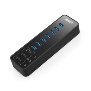 anker 10 port 60w data hub with 7 usb 3.0 ports and 3 poweriq charging ports for macbook, mac pro/mini, imac, xps, surface pro, iphone 7, 6s plus, ipad air 2, galaxy series, mobile hdd, and more