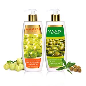 vaadi herbals amla with shikakai & reetha shampoo and olive conditioner - hair fall & damage control shampoo - - each pack of 350ml - each 12.31 oz -