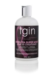 tgin green tea super moist leave in conditioner for curly, coily and wavy hair, with argan oil, shea butter and green tea, moisturizes and nourishes dry hair, 13 oz