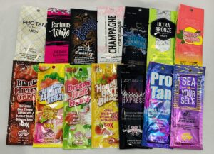 10 new assorted indoor tanning bed lotion, gluten free packets samples packettes for medium deep