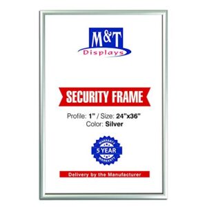 m&t displays security snap poster frame 1" aluminum profile, front loading, picture, photo, document, certificate, sign holder, mitered corner, anti glare cover (silver, 24x36 inch)