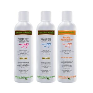 moroccan keratin triple care kit keratin replenisher, sulfate free shampoo & conditioner important to maintain keratin treatments for longer period and great looking hair.