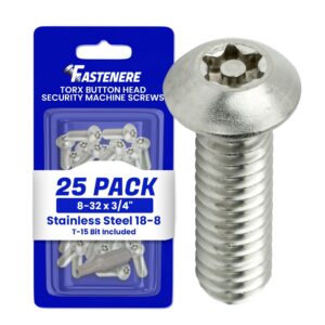 fastenere torx security machine screws - 8-32 x 3/4" (25-pack) stainless steel, tamper-resistant, button head screws, bolt screw for higher level of safety & theft prevention