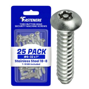 fastenere torx security machine screws - 6-32 x 1" (25-pack) stainless steel, tamper-resistant, button head screws, bolt screw for higher level of safety & theft prevention