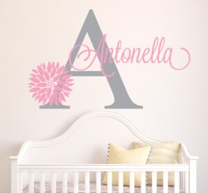 personalized flowers name wall decal - girls kids room decor - nursery wall decals - flower decals for girls room (40wx22h)