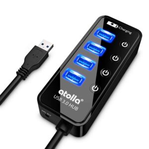 usb 3.0 hub, atolla 4 ports super speed usb 3 hub splitter with on off switch with 1 usb charging port (cable length 2 feet, no ac adapter) (4-port hub)