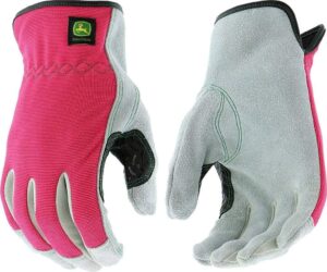 john deere jd00016-wml split cowhide leather gloves - [1 pair] medium/large women’s work gloves, pink black