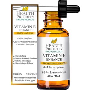 healthy priority vitamin e oil - 15,000 iu vitamin e serum for face and hair - organic, handmade - non-gmo, gluten-free, vegan - vitamin e oil for scars, wrinkles, stretch marks - scented, 0.5 fl oz