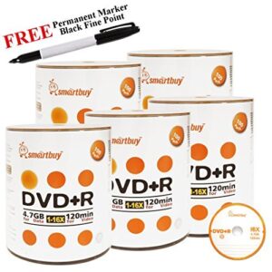 smartbuy 500-disc 4.7gb/120min 16x dvd+r logo top blank media record disc + black permanent marker