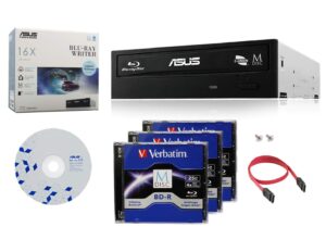 asus 16x bw-16d1ht internal blu-ray burner drive bundle with 3 pack m-disc bd and cable accessories (supports bdxl and m-disc, retail box)