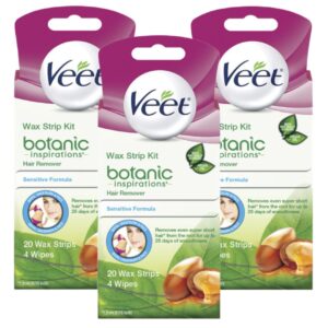 veet hair removal wax strips- botanic inspirations easy- gelwax technology, sensitive formula hair remover wax strip kit with argan oil, 20 wax strips with 4 wipes (pack of 3)