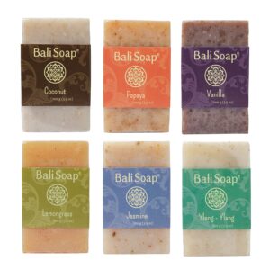 bali soap - green collection - natural soap bar gift set, face soap or body soap, 6 pc variety soap pack (coconut, papaya, vanilla, lemongrass, jasmine, ylang-ylang) 3.5 oz each