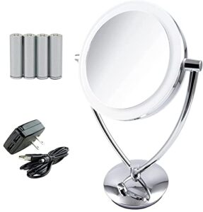 ovente 8" lighted tabletop makeup mirror with 1x/10x magnification, double-sided magnifying vanity mirror, dimmable led lights, 360° swivel design and dual power supply, polished chrome mlt75ch1x10x