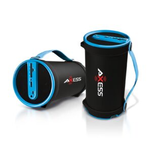 axess spbt1033 portable bluetooth indoor/outdoor 2.1 hi-fi cylinder loud speaker with built-in 4" sub and fm radio, sd card, aux inputs in blue