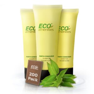 eco amenities travel size shampoo bulk - 200 pack, 30ml, 1 oz hotel shampoo supplies for guests - green tea scent eco shampoo, mini shampoo with flip cap and biodegradable clear container