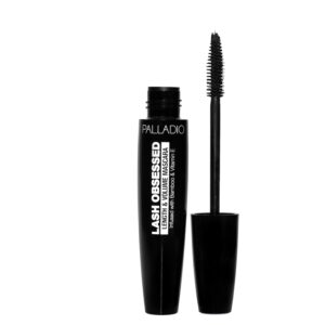 palladio lash obsessed mascara, extreme definition lengthening mascara, amplifies volume & fullness, evenly coats lashes, lucious length, natural lengthening, no smudging, all day wear, black