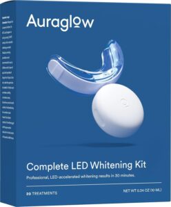 auraglow teeth whitening kit, led accelerator light, 35% carbamide peroxide teeth whitening gel, 20+ whitening treatments, 5ml whitening gel syringes, whiten teeth faster