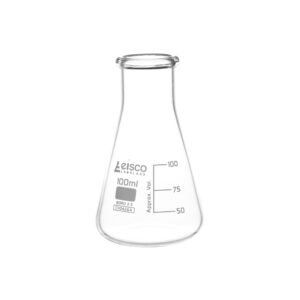 eisco erlenmeyer flask, 100ml - borosilicate glass - wide neck, conical shape - white graduations