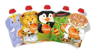 squiz - 5 swiss-made reusable food pouches 4,4 oz (130ml) - refillable squeeze food storage for baby, toddler and kids - washable and freezer safe bags - bpa free - fun designs