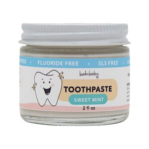 balm! baby kids all natural fluoride free toothpaste with xylitol, sls free, vegan, gluten free, bpa free, zero waste, mint, 2 fl oz