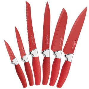 chef essential carbon steel culinary knife set – 6-piece sharp knife set – meat, veggie, bread knife set – nonstick chef knife cooking knives – professional sharp kitchen knife set without block