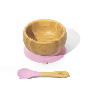 avanchy bamboo baby bowl with spoon and removable silicone suction base – non-toxic, bpa-free feeding bowl for babies and toddlers – natural bamboo suction bowl, green