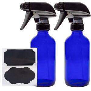 cornucopia 8-ounce cobalt blue glass boston round spray bottles (2 pack) 3-setting heavy duty sprayers, empty refillable bottle for essential oil blends, diy cleaning & more