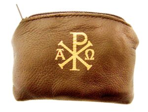 wj hirten ava maria and chi rho cross sheepskin leather rosary case with velvet lining, brown, 3 1/4 inch