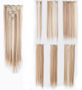 swacc women 22 inches straight full head 7 separate pieces heat resistance synthetic hair clip in hair extensions (dark honey blonde/bleach blonde highlights-16h613)