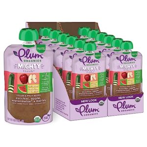 plum organics | mighty veggie blends | organic baby food meals [12+ months] | zucchini, apple, watermelon & barley | 4 ounce pouch (pack of 12)