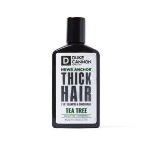 duke cannon news anchor 2-in-1 hair wash, tea tree & menthol, 10 fl. oz – shampoo & conditioner for men with thick hair, clean mint scent, strengthens with protein, made in usa