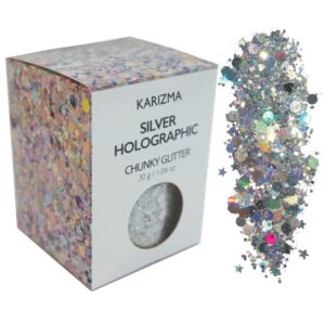 karizma holographic silver body glitter. 30g chunky face glitter, hair glitter, eye glitter and body glitter for women. rave glitter, festival accessories, cosmetic glitter makeup. loose glitter set