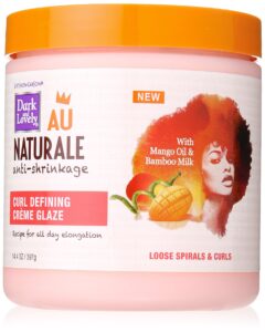 softsheen-carson dark and lovely au naturale anti-shrinkage curly hair products, curl defining creme glaze, mango oil and bamboo milk, defines loose spirals and curls, paraben free, 14.4 oz