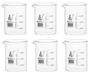 eisco 6pk beakers, 800ml - griffin style, low form with spout - white, 100ml graduations - borosilicate 3.3 glass