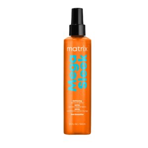 matrix mega sleek iron smoother defrizzing leave-in spray - heat protectant, lasting smoothness, & anti-frizz, for all hair types, with shea butter, 8.5 fl oz