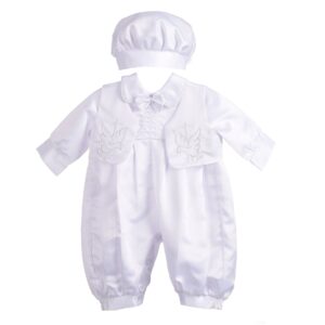 dressy daisy infant baby boy christening baptism outfit satin romper bodysuit set with bonnet hat size 0-3 months, white