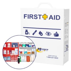 mfasco 2021 ansi/osha compliant first aid kit - large, commercial 3-shelf metal cabinet for businesses, wall mountable - with medications - ansi standard 2021 first aid kits, class b fill