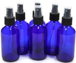 vivaplex 6 pieces, cobalt blue, 4 oz glass bottles, with black fine mist sprayer