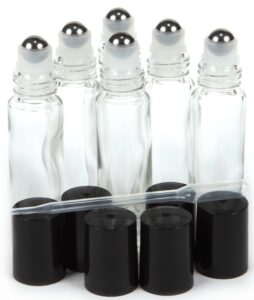 6, clear, 10 ml glass roll-on bottles with stainless steel roller balls - .5 ml dropper included