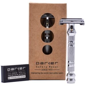 parker 66r twist-to-open double edge safety razor with 5 parker platinum blade refills for smooth and close shaves