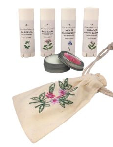 ladybug soap company 5 piece set - natural travel size solid perfume with free embroidered cotton bag - phthalate free - rose garden, bee balm, violet sandalwood, gardenia, tobacco white santal