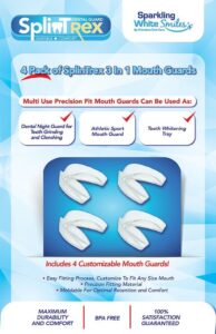 splintrex multi use teeth mouth guards - 4 pack - bpa free - teeth grinding dental night guard, athletic mouth guard, teeth whitening tray - includes 4 customizable mouth guards and storage case